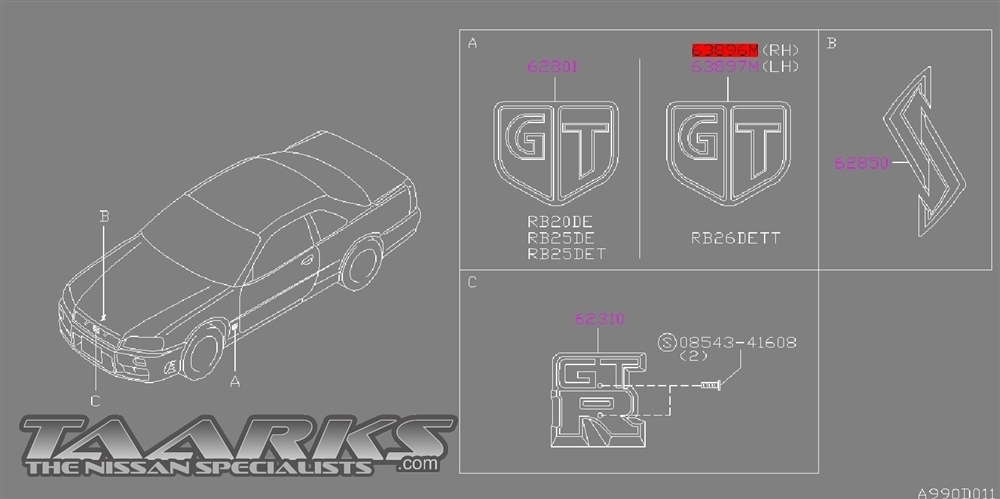 Genuine Nissan GT Badge / Emblem (RH Front QTR) "R34 - GTR"