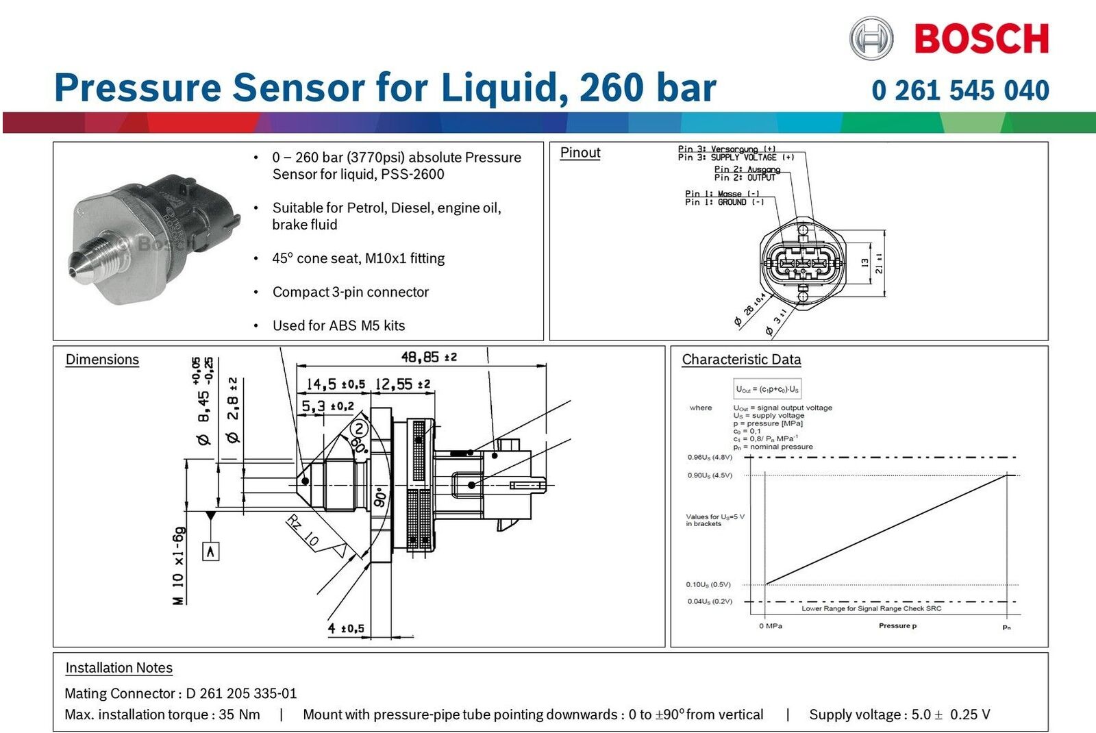 Genuine Bosch Fluid Pressure Sensor ( 260 bar ) - 0 261 545 040